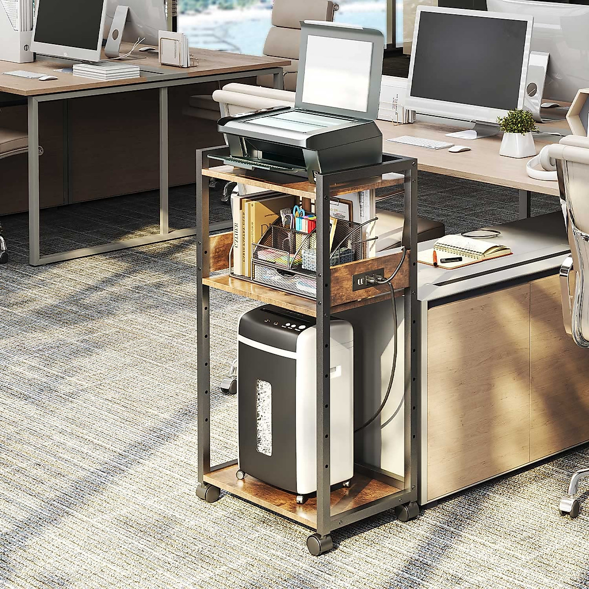 TC-HOMENY 3-Tier Movable Printer Stand with Storage Rolling Floor-Standing Deskside Shredder Computer Host Stand Adjustable Storage Shelf Rack on Wheels Multipurpose Stand for Printer