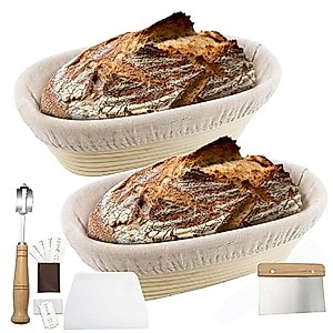 2 Pack 10 Inch Oval Bread Proofing Basket for Sourdough Bread - Bread Basket Baking Bowl With Bread Lame & 5 Blades,Dough Scraper and Linen Liner Cloth Banneton Proofing Basket for Home Bakers