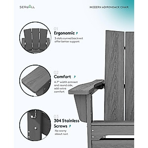 SERWALL Modern Folding Adirondack Chair，Oversized Folding Adirondack Chair with Curved Backrest, HDPE Outdoor Adirondack Chair, Gray