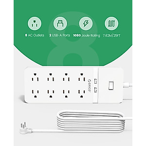 Power Strip Surge Protector, ORICO 25FT Extension Cord with USB Ports, 8 Outlet & 2 USB Flat Plug Power Strip, 15A Circuit Breaker(1850W/15A), Wall Mount for Home, Office, Hotel, ETL Listed-White