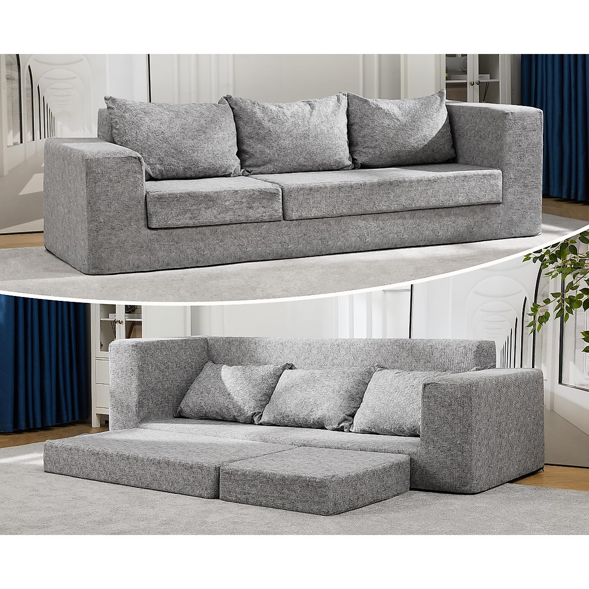 Hobestluk Folding Sofa Bed Couch Convertible Floor Sofa Beds for Adults Foldable Sleeper Sofa Lounge with Three Pillows for Living Room Fold-Out Floor Chair Beds for Bedroom Apartment Office(Grey)