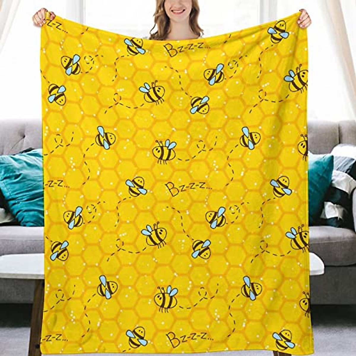 Cute Bee Sofa Throw Blanket Flannel Super Soft Warm Fleece Bedspread Home Decor All Season for Bed Couch Living Room Large 50"X40" in