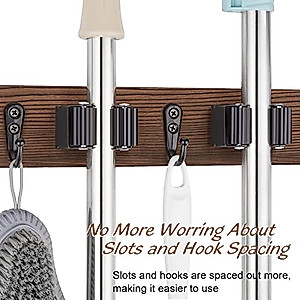 OUTNILI Mop Broom Holder Wall Mount with 3 Slots & 4 Hooks - Rustic Wood Broom Mop Hanger for Pantry Kitchen Organization - Garden Tool Organizer for Closet Laundry Room - Farmhouse Kitchen Decor
