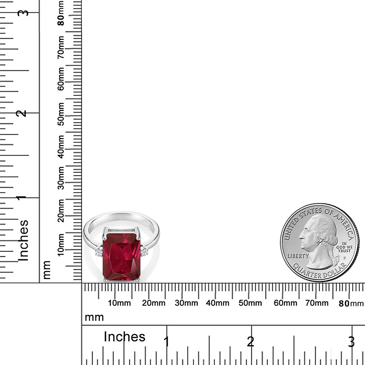 Gem Stone King 925 Sterling Silver Red Created Ruby Ring For Women (5.06 Cttw, Emerald Cut 14x10MM, Gemstone July Birthstone, Available In Size 5, 6, 7, 8, 9)