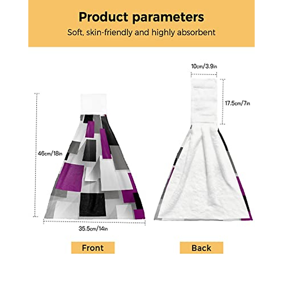 2 PCS Kitchen Hand Towels, Purple Geometry Soft Plush Hanging Tie Towels with Loop for Kitchen Bathroom Dish Cloth Tea Bar Towel Modern Abstract Art Ombre Black Grey