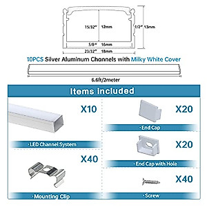 Muzata 10Pack 6.6FT/2M Plus-Size LED Channel System for Waterproof LED Strip up to 16mm Width Silver LED Strip Channel 18x13mm Spotless Milky White Cover U103 WW