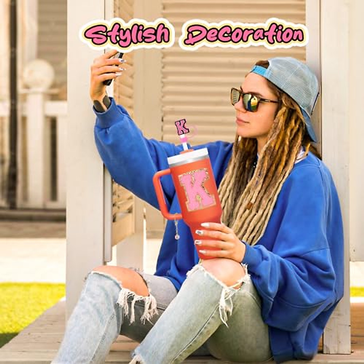 Mity rain 10pcs Set Designed for Stanley Cup Accessories - Including Straw Cover Cap, Letter Charm, Letter Stickers, Tumbler Spill Proof Stoppers for Stanley 40oz/ 30oz Pink Decorations (K)