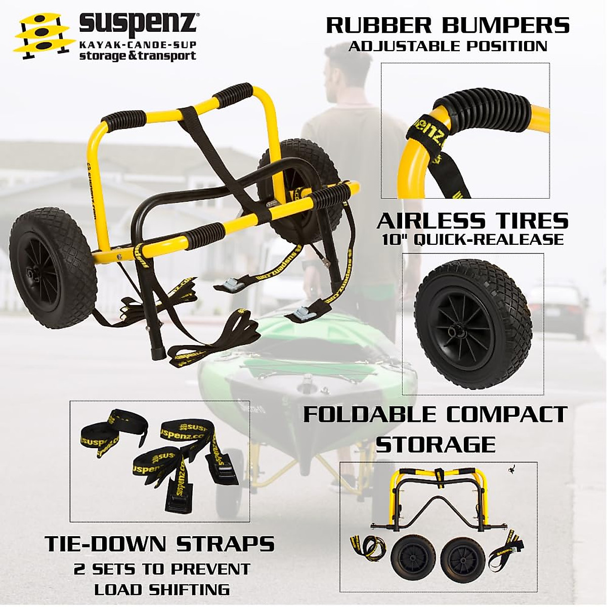 Suspenz Kayak Canoe Trailer Cart, Heavy Duty Kayak Transport Dolly with Airless Wheels, Yellow, 22-6699