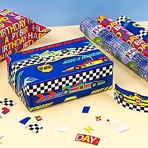 WRAPAHOLIC Birthday Wrapping Paper Roll - Mini Roll - 3 Rolls - 17 Inch X 120 Inch Per Roll - Dinosaurs/Racing Car/Happy Birthday Lettering for Kid's Birthday, Baby Shower
