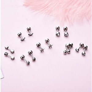 Vegolita 18Pairs 20G 18G Stainless Steel Tiny Stud Earrings for Women Cartilage Helix Earrings Ball Star CZ Earrings