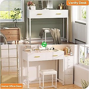 Girapow Vanity Desk with Power Outlets and Lights, 36'' Makeup Vanity with Tri Fold Lighted Mirror, White Vanity Set with Drawers, Vanity Table with Cushion Stool, Small Makeup Table for Bedroom,White