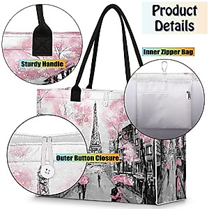 cfpolar Eiffel Tower Lovers Reusable Grocery Shopping Bag with Hard Bottom, Flower Love Paris Large Foldable Multipurpose Heavy Duty Tote Stands Upright, Durable and Eco Friendly, Beach Bag