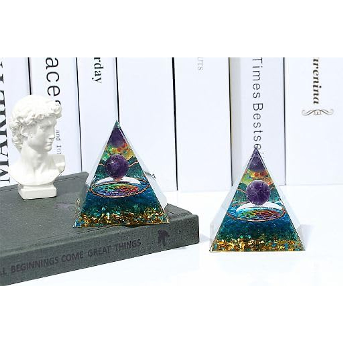 YATOJUZI 2.4" Orgone Pyramid Healing Crystals Stones Green Aventurine Chakra Reiki Ornaments Orgonite Gemstone Lucky Reiki Positive Energy Balancing Decors Home Office Desk Decor Gifts for Women Men