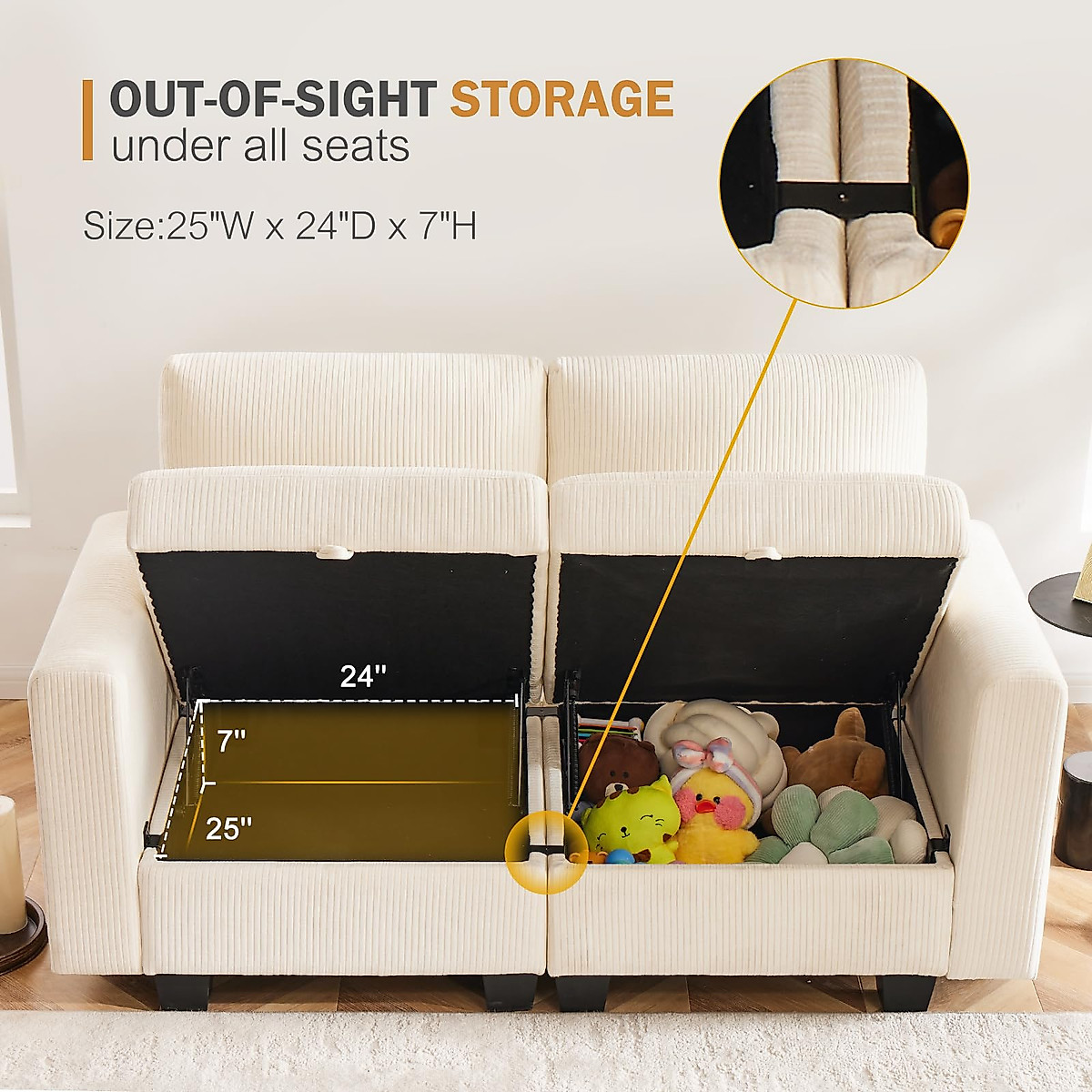 ABCASA Modular Sectional Sofa with Storage Chaises,Modular Sleeper Sofa Couch 6 Seat Sectional Sofa Bed Couch for Living Room,Apartment,Corduroy,Ivory