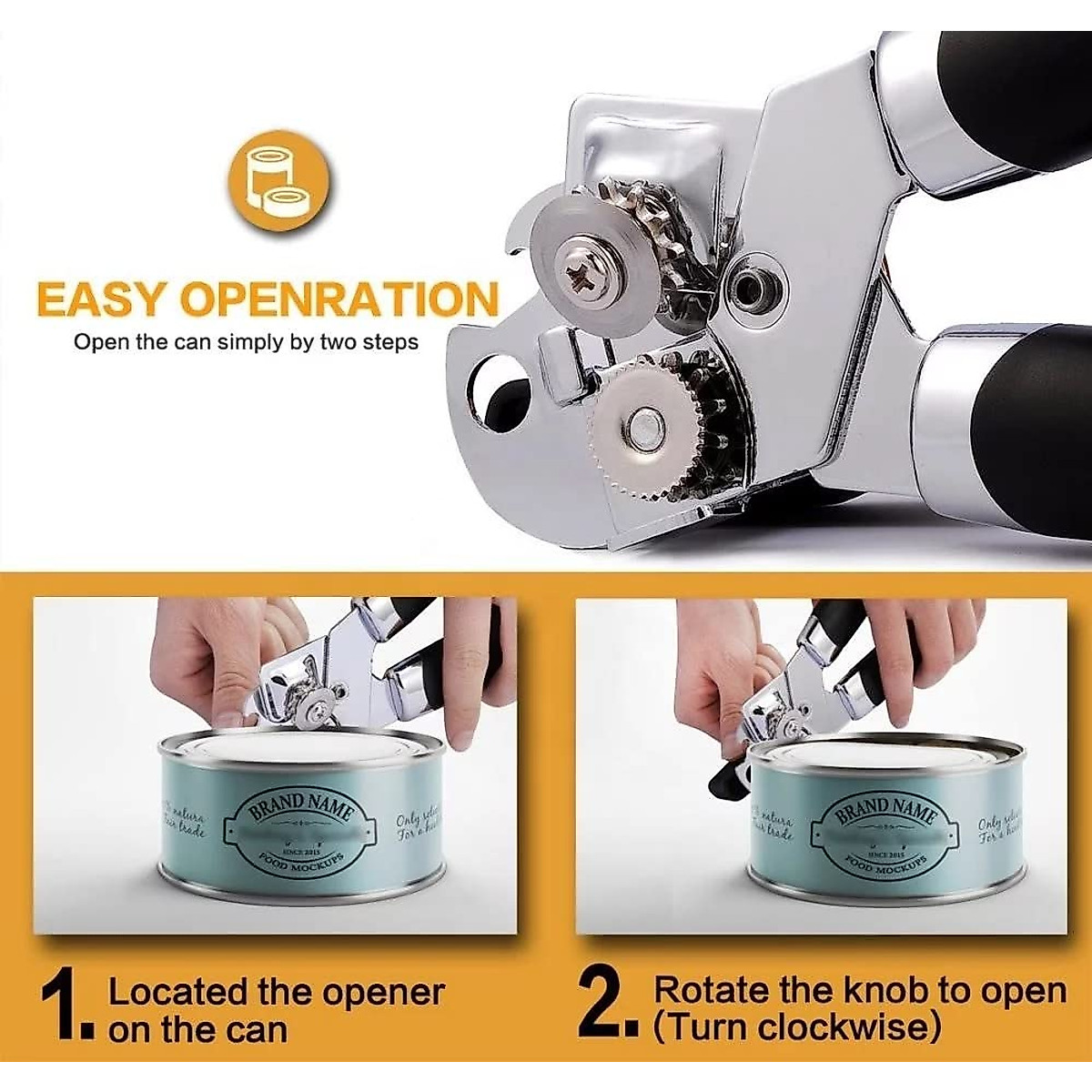 ANDILL Can Opener Manual, Good Grips Anti-slip Hand Grip, Stainless Steel Sharp Blade, with Large Turn Knob, Black/Silver, 8.26 x 2.36 x 2