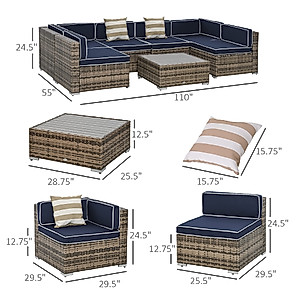Outsunny 7-Piece Patio Furniture Set, Outdoor Wicker Conversation Set, All Weather PE Rattan Sectional Sofa Set with Cushions and Faux Wood Table, Stripe Pillows, Blue