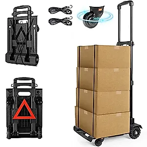 Folding Hand Truck Trolley 80Kg/176Lbs Heavy Duty Luggage Utility Cart with Rotate 4 Wheels Warning Sign Telescoping Handle Portable Fold Up Dolly Bungee Cord for Moving Shopping Travel(Black Pro)