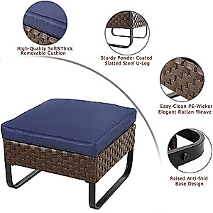 Festival Depot Outdoor Ottoman Patio Bistro Furniture Footstool Foot Rest with All-Weather Premium Fabric Soft Blue Cushion Brown Wicker Rattan and U Shaped Slatted Steel Legs for Garden Yard Lawn