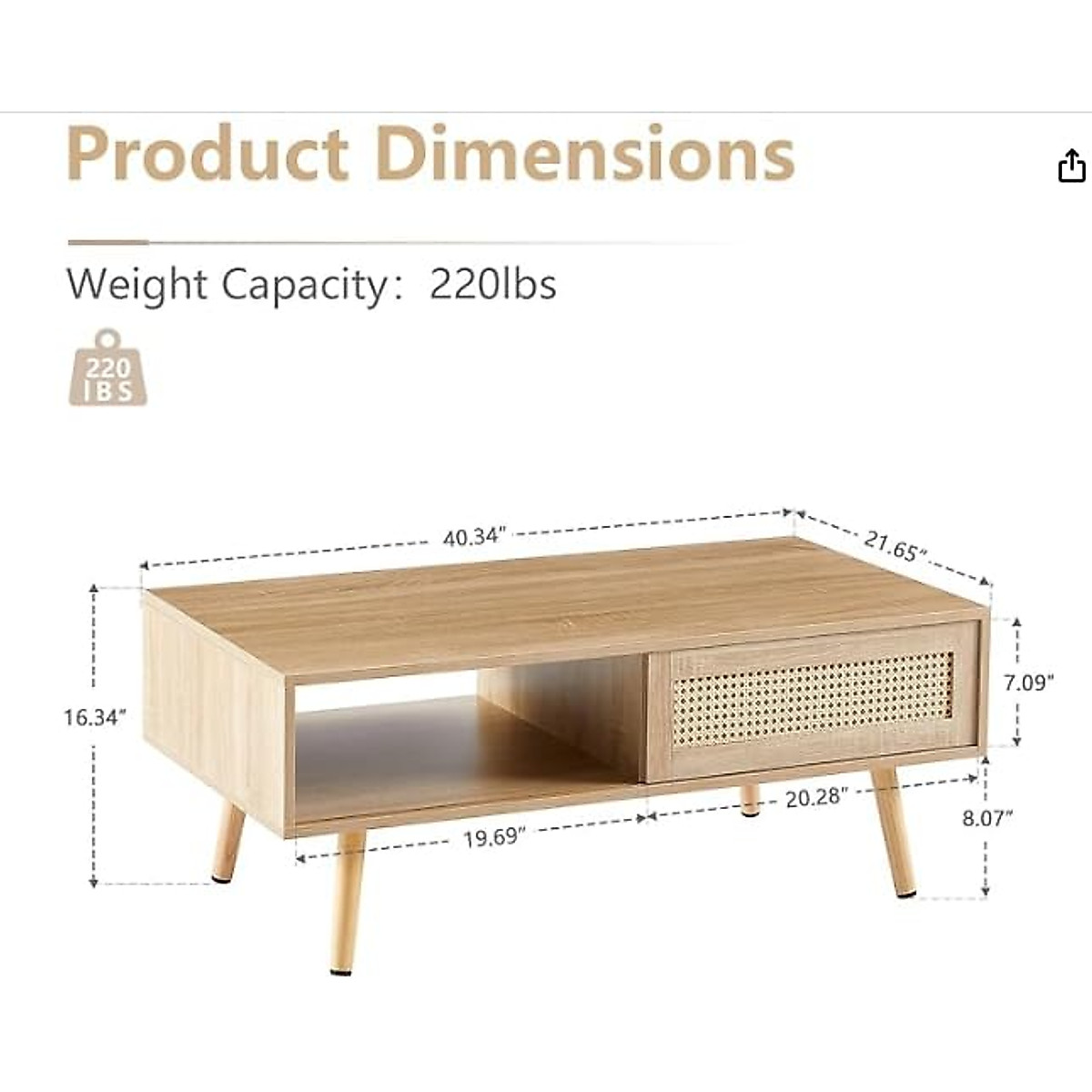 Forsho Rattan Coffee Table Mid Century Modern Coffee Table with Storage 41.3 Inch Wooden Accent Center Sofa Table with Sliding Woven Door Panel and Solid Wood Legs Perfect for Living Room