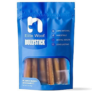 Elite Woof Bully Sticks for Dogs Puppies - 6 Inch Standard 100% Natural Dog Treats, Grass-fed Beef Dog Chews, Grain-Free, High Protein, Long-Lasting Pet Food for All Dog Breeds (6 Pack)