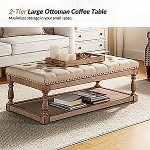 HULALA HOME Rectangle Ottoman Coffee Table with Tray, Tufted Living Room Ottoman with Solid Wood Storage Shelf, Upholstered Large Footrest Ottoman - Linen