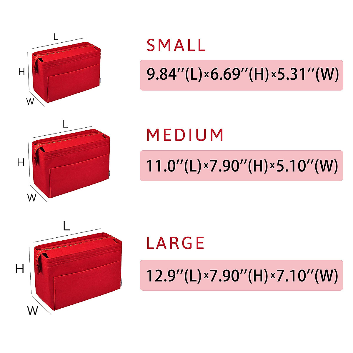 Vercord Felt Zipper Handbag Tote Purse Duffel Backpack Organizer Insert Red Medium