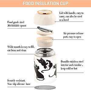 CUPADA Black Cats Paw Scratching Food Jar for Hot and Cold, Insulated Food Jars Vacuum 17OZ with Folding Spoon for Work Trip Picnic Camping
