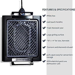 Granitestone Indoor Electric Smoke-Less Grill with Cool-touch handles and adjustable Temperature Dial, Nonstick, PFOA-Free, Black 16 x 14" As Seen On TV