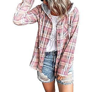 Jackets for Women 2023 Casual Long Plaid Print Shirts Long Sleeve Tops Open Front Button Down Hoodie Cardigan Lightweight Plus Size Coats Outerwear Fall Winter Clothes My Orders(B-Pink,XX-Large)