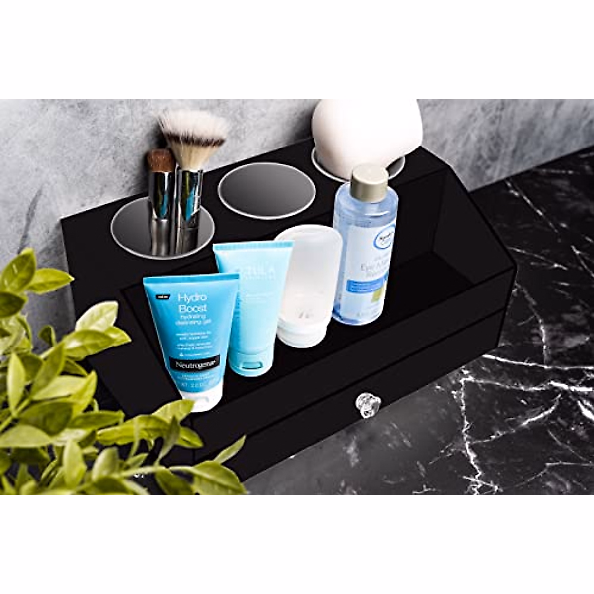 Happy start Acrylic Hair Tool Organizer - Blow Dryer Holder, Hair Styling Tools & Accessories Organizer Vanity Caddy Storage Stand with Heat Resistant Stainless Steel Cups (Drawer, Black)