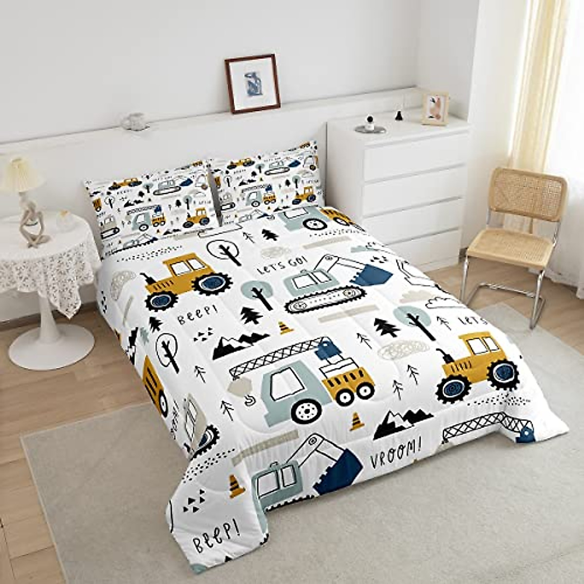 Cartoon Car Kids Comforter Set Construction Bedding Set Decor Equipment Trucks Comforter Cartoon Car Excavator Tractor White Yellow Duvet Set Bedroom Quilt Set 3Pcs Full