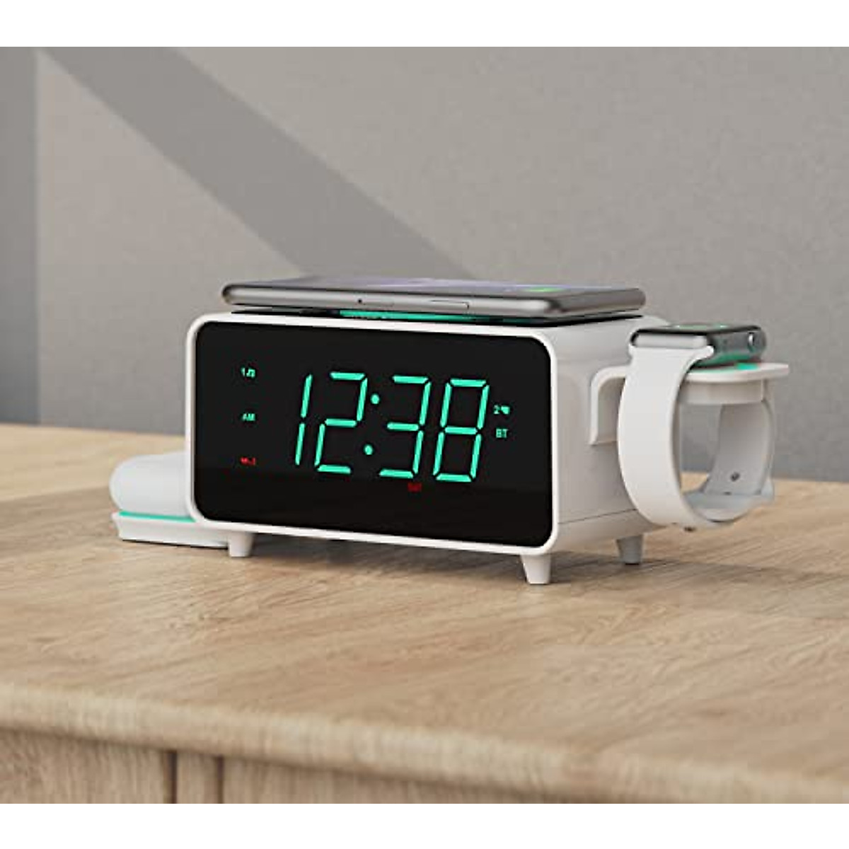 Emerson Radio Smartset Alarm Clock FM Radio with Wireless Charging, Bluetooth Speaker, Fast Charging for Airpods/iPhone, Foldable Stand, USB Charger, Adjustable LED Glow, ER100501, Black/Neon