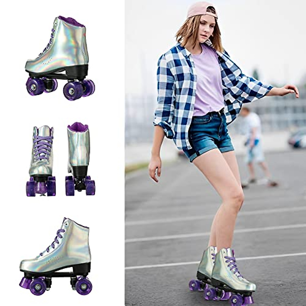 YYW Roller Skate for Women Men Light up Wheel - Double Roller Skater High-top PU Leather Roller Skate Shoes Adjustable PU Roller Skates with Four Piles for Adult Girls Beginners