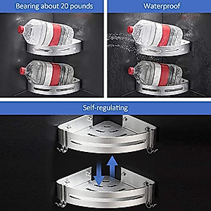 pentaQ 2 Pack Corner Shower Shelves with 8 Removable Hooks, No Drilling Adhesive Wall Mounted Aluminum Bathroom Shelf, Corner Shower Caddy Shelf Basket Shampoo Holder Organizer