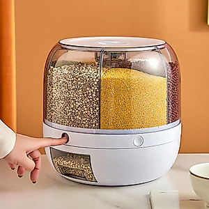Rice Storage Container 360° Rotating Food Dispenser,7 pounds Large Capacity 6-Grid Rice Bucket Rotating Food Dispenser, Food Storage Containers With Lids Airtight,Moisture-Proof Grains Dispenser