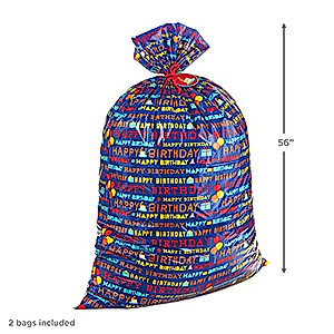 Hallmark 56" Jumbo XL Plastic Gift Bag Bundle (2 Bags: Blue Happy Birthday) for Birthdays, Kids Parties, Adults and More