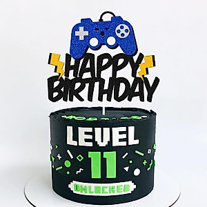 Video Game Cake Topper Happy Birthday Cake Decoration Level Unlocked Cake Decor Playing Controller Level Up Theme for Boys Girls Bday Baby Shower Event Celebration Supplies