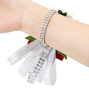 FAYBOX Velvet Open Rose Silvery Bling Ribbon Rhinestone Stretch Bracelet Wedding Prom Wrist Corsage Hand Flower Pack of 4 Red