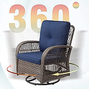 Joyside Patio Bistro Set - 3-Piece Patio Wicker Swivel Rocking Chair Set, Outdoor Patio Furniture Chair with Side Coffee Table & Durable Fabric Cushion(Brown/Blue)