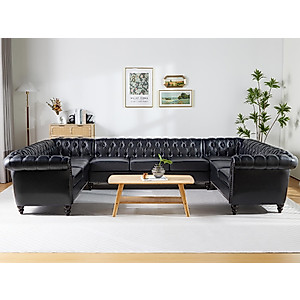 U Shaped Large Sectional Sofa, Chesterfield Leather Faux Couch Tufted Accent Sofa with Scroll Arms and Nailhead for Living Room, Office