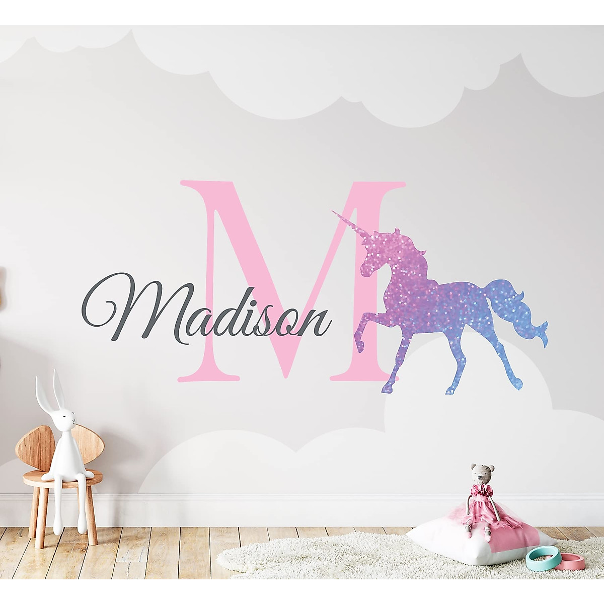 Unicorn Name Wall Decal Custom Art Decor Sparkle Sticker Girl Room Personalized Glitter