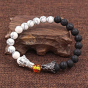 tqyzkh Bead Bracelets for Men and Women Natural Black Lava & White Howlite Buddha Dragon Beaded Stone Bracelet Good Luck Charm Jewelry Gift Adjustable