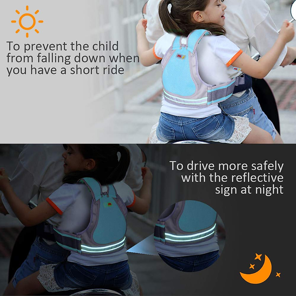 Jolik Child Motorcycle Safety Harness Reflective Strip with 4-in-1 Buckle, Breathable Material - Blue