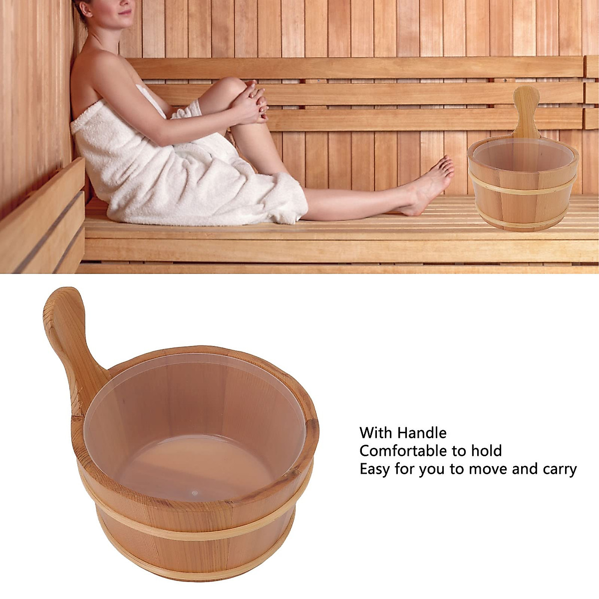 Jeffergarden 4L Wooden Pail Sauna Bucket, Sauna Bucket with Ladle Sauna Bucket and Ladle Set Wooden Hot Tub Barrel Steam Room Water Bucket with Plastic Liner Sauna Spa Accessory