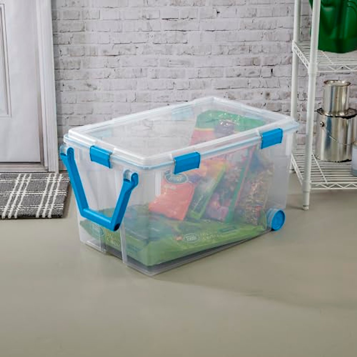 Sterilite 120 Qt Wheeled Gasket Box, Stackable Storage Bin with Latching Lid, Handle and Tight Seal, Plastic Container with Clear Base and Lid, 3-Pack