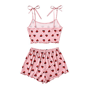 SweatyRocks Women's Summer Strawberry Print Cami Top and Shorts Sleepwear Pajamas Set Strawberry Pink S