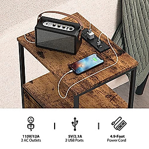 DOMYDEVM Nightstand with Charging Station, End Side Table with USB Ports and Outlets, Industrial Bedside Table with 2 Fabric Storage Drawers for Bedroom Living Room Dorm, Brown