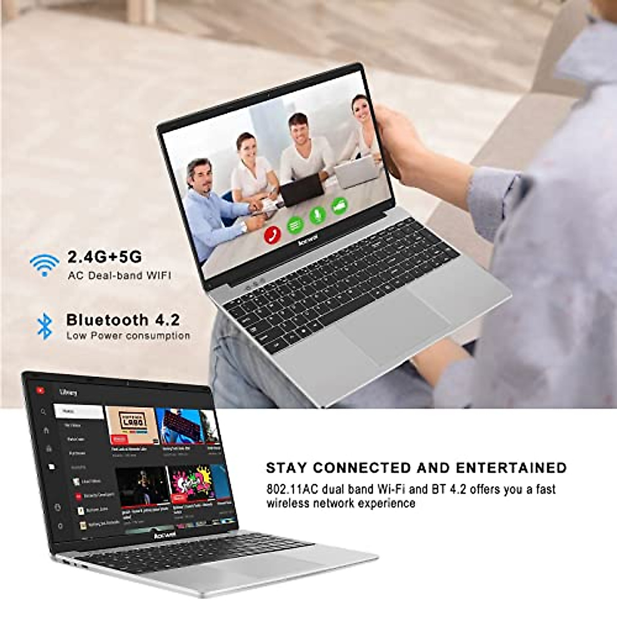 Ruzava/Aocwei 15.6" Laptop 6GB DDR4 128GB SSD Intel J4105 (Up to 2.5Ghz) 4-Core Win 10 PC 1920x1080 FHD Dual WiFi BT 4.2 Support 1TB SSD Expand with Wireless Mouse for Business-Silver