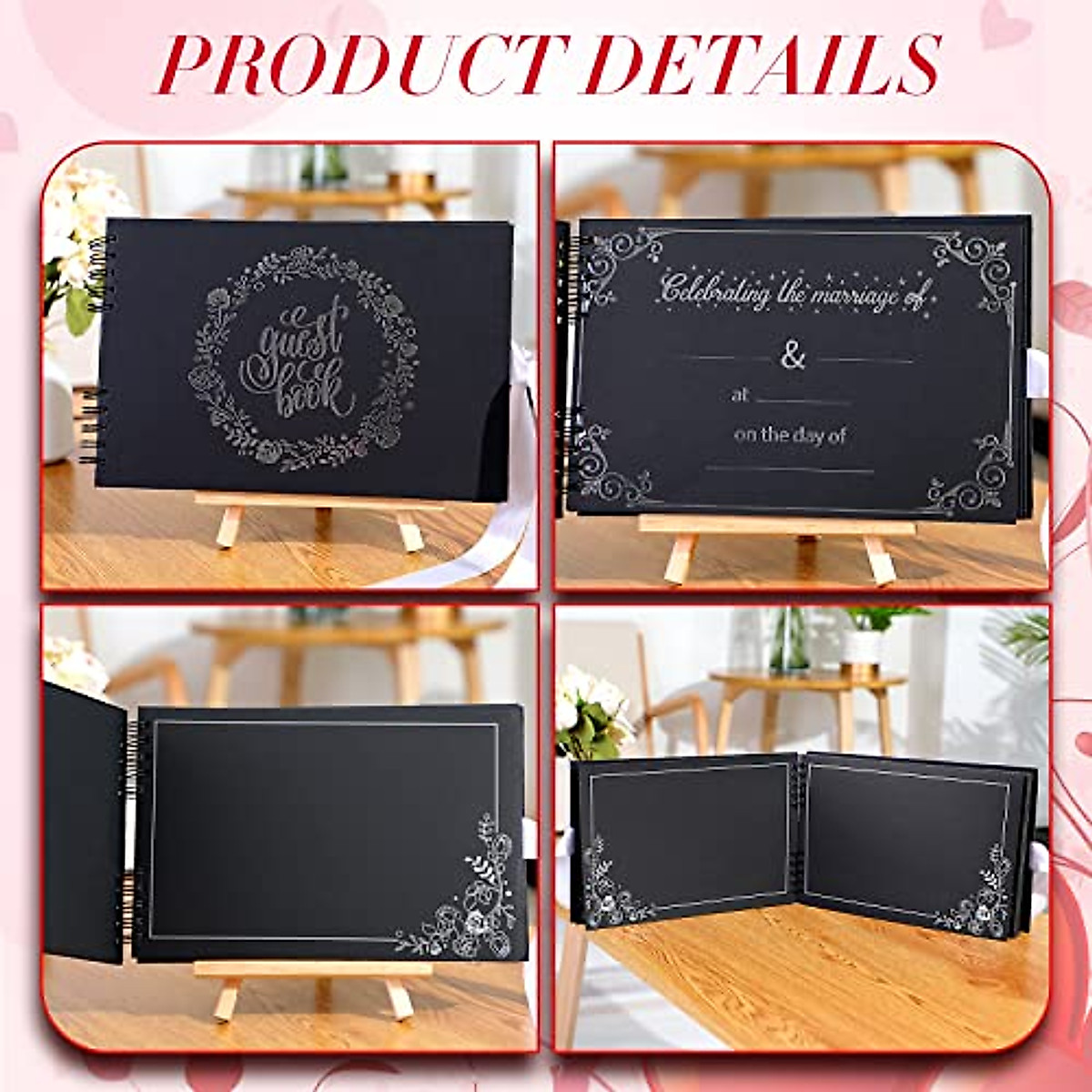 Wedding Guest Book 12 x 8 Inch Hard Cover Photo Album Sign in Registry Guestbook Scrapbook with Silver Foil Gilded Edges Ribbons 100 Pages Black Hardbound Book with 2 Pens 4 Photo Corners for Wedding