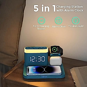YORTOT Wireless Charging Station Alarm Clock with 7 Multiple Colors Light - 5 in 1 Wireless Charger,Charging Dock for Apple Devices, for iPhone 15 14 13 12 11 Pro Max,Apple Watch,AirPods,0-100% Dimmer